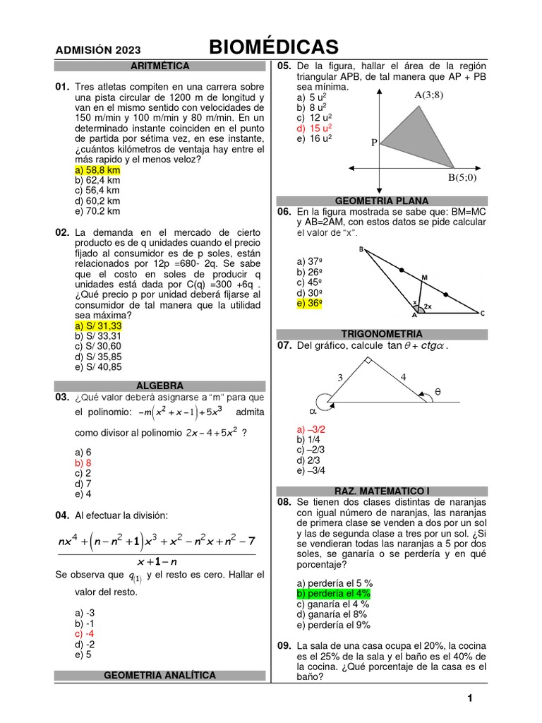 Ejercicios de Admisión 2023: Biomédicas | PDF