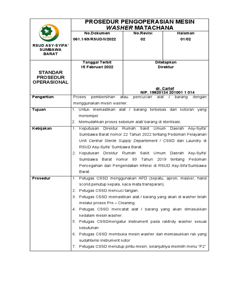 PROSEDUR PENGOPERASIAN MESIN WASHER MATACHANA Rev Dir 12 Ag 22 | PDF