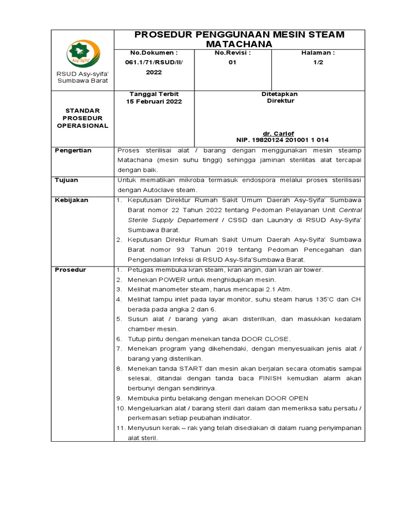 9. PROSEDUR PENGOPRASIAN MESIN STEAM MATACHANA rev dir 12 ag 22.docx | PDF