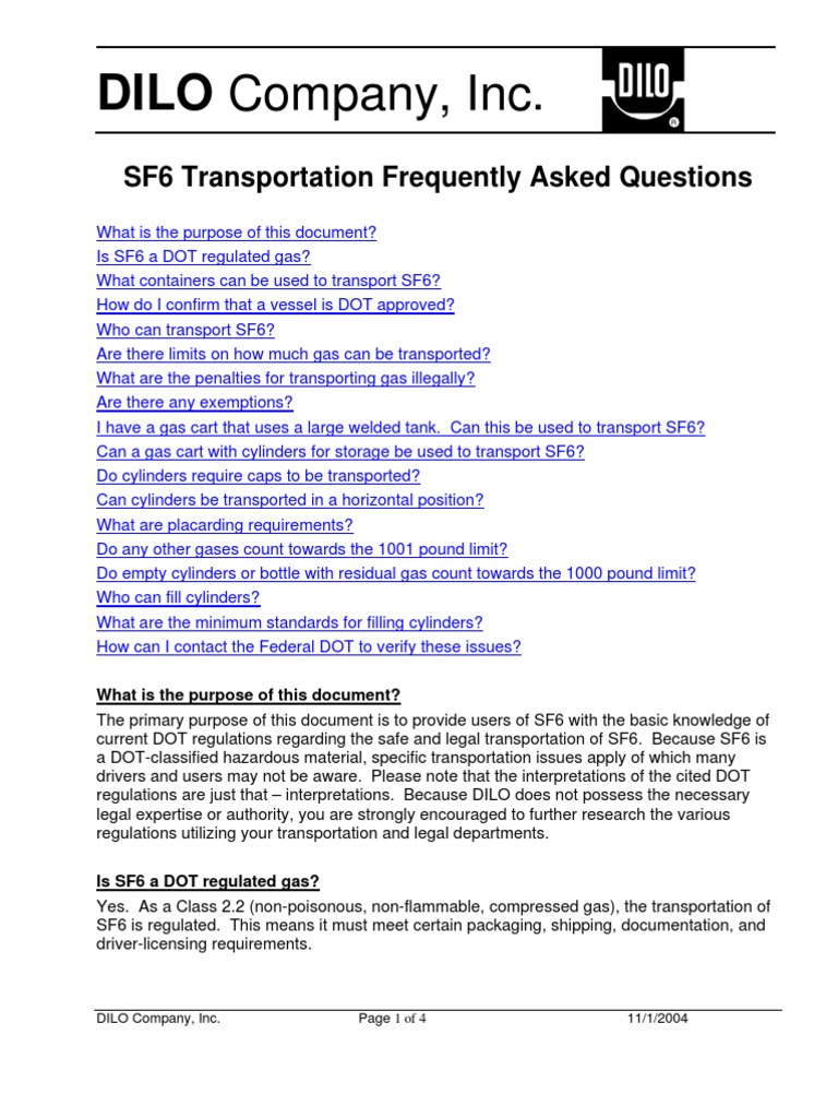 DILO Company, Inc.: SF6 Transportation Frequently Asked Questions | PDF ...