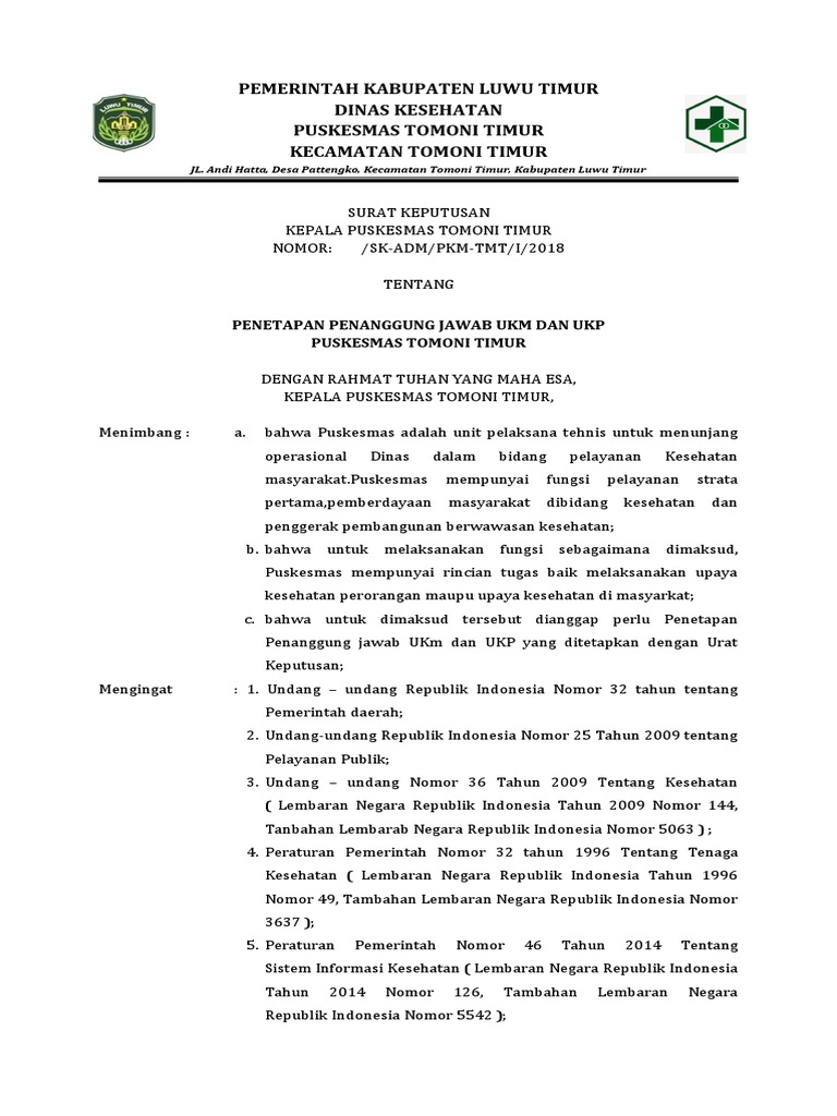 SK Penetapan Penanggung Jawab UKM Dan UKP Tomtim | PDF