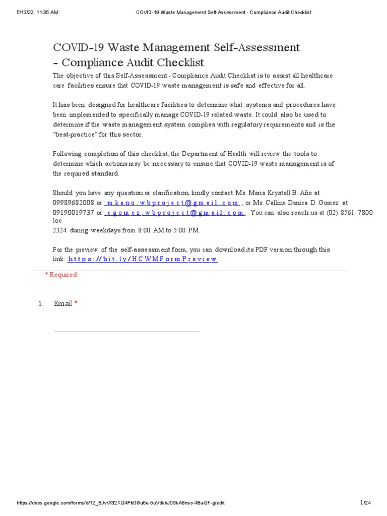 COVID-19 Waste Management Self-Assessment - Compliance Audit Checklist ... COVID-19 Waste Management Self-Assessment - Compliance Audit Checklist ...