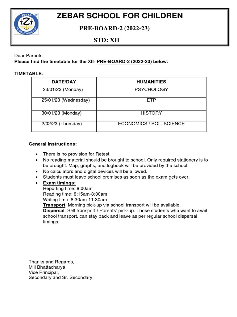 Xii Humanities Pre Board 2 - Schedule (2022 23) | PDF