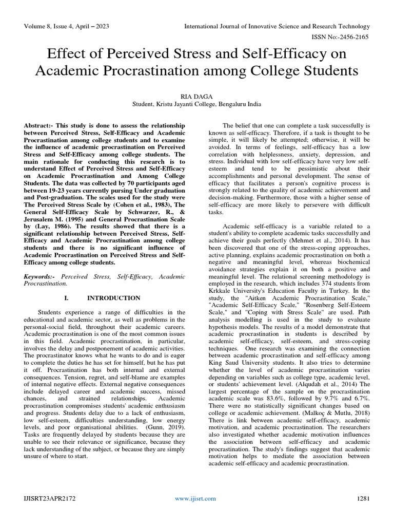 Effect of Perceived Stress and Self-Efficacy On Academic Procrastination Among College Students ...