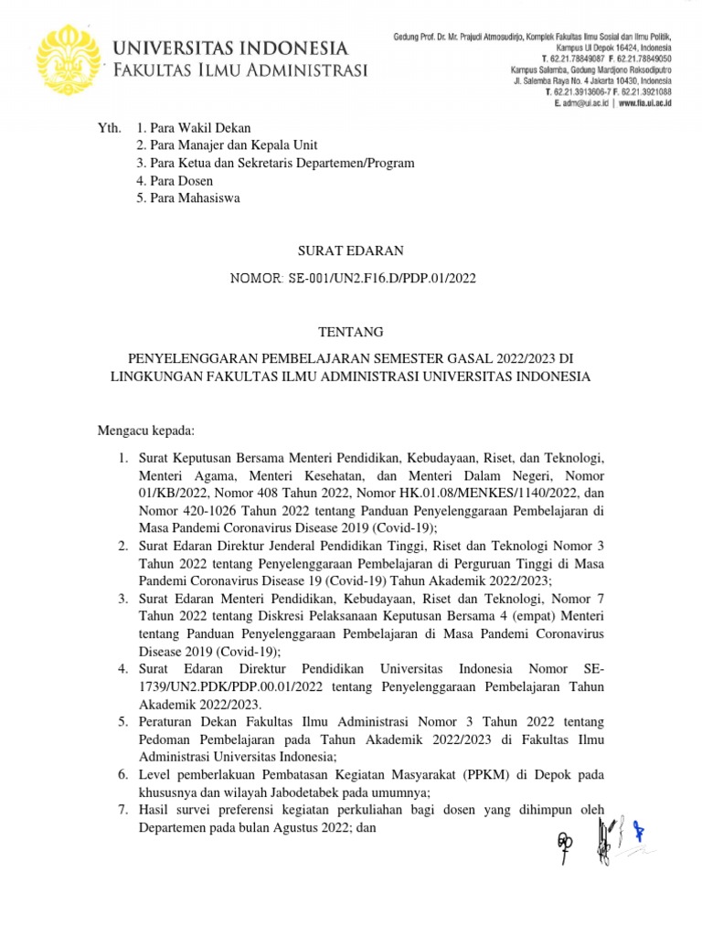Surat Edaran Perkuliahan Gasal 2022-2023-Signed in PDF | PDF
