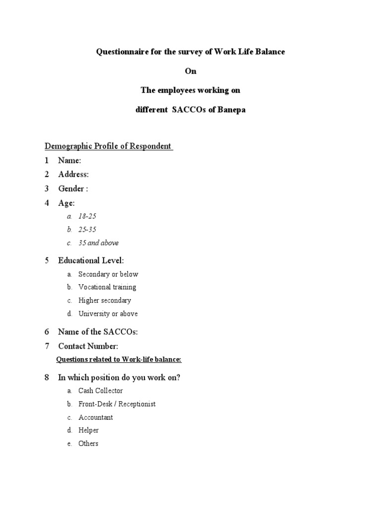 Questionnaire For The Survey of Work Life Balance | PDF