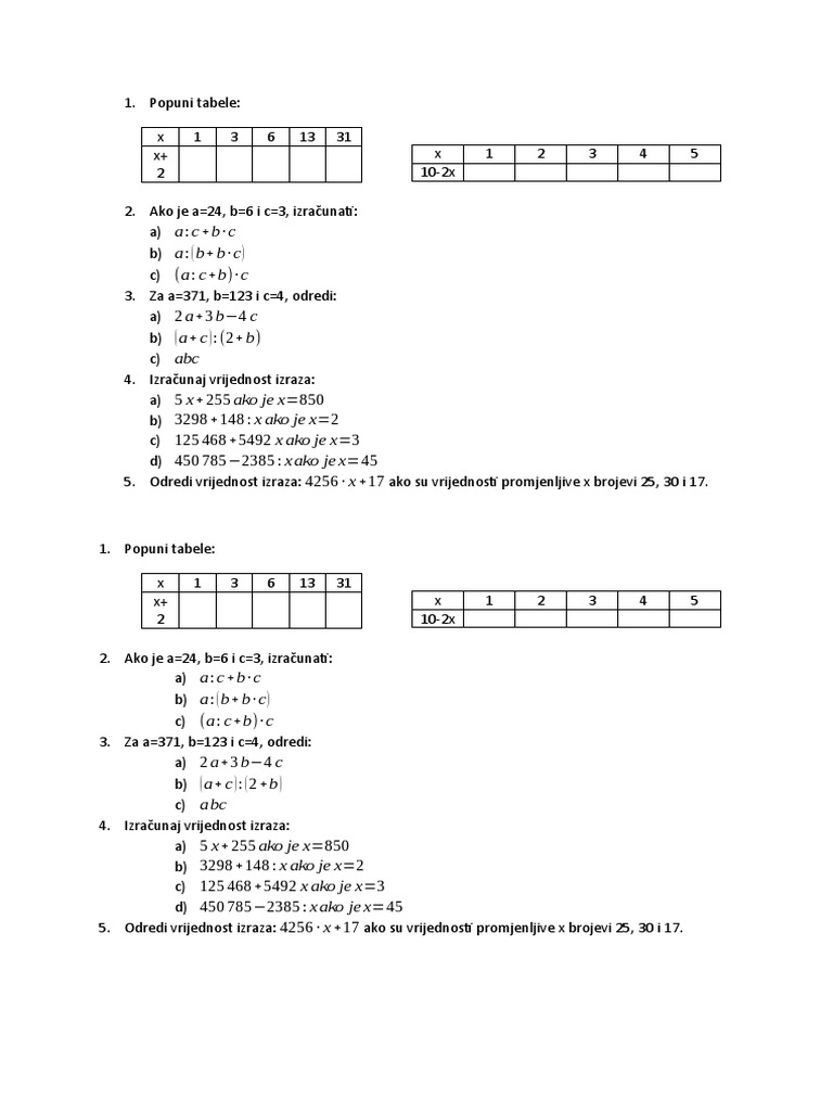 Radni List V - Brojni Izrazi Sa Promjenljivom | PDF