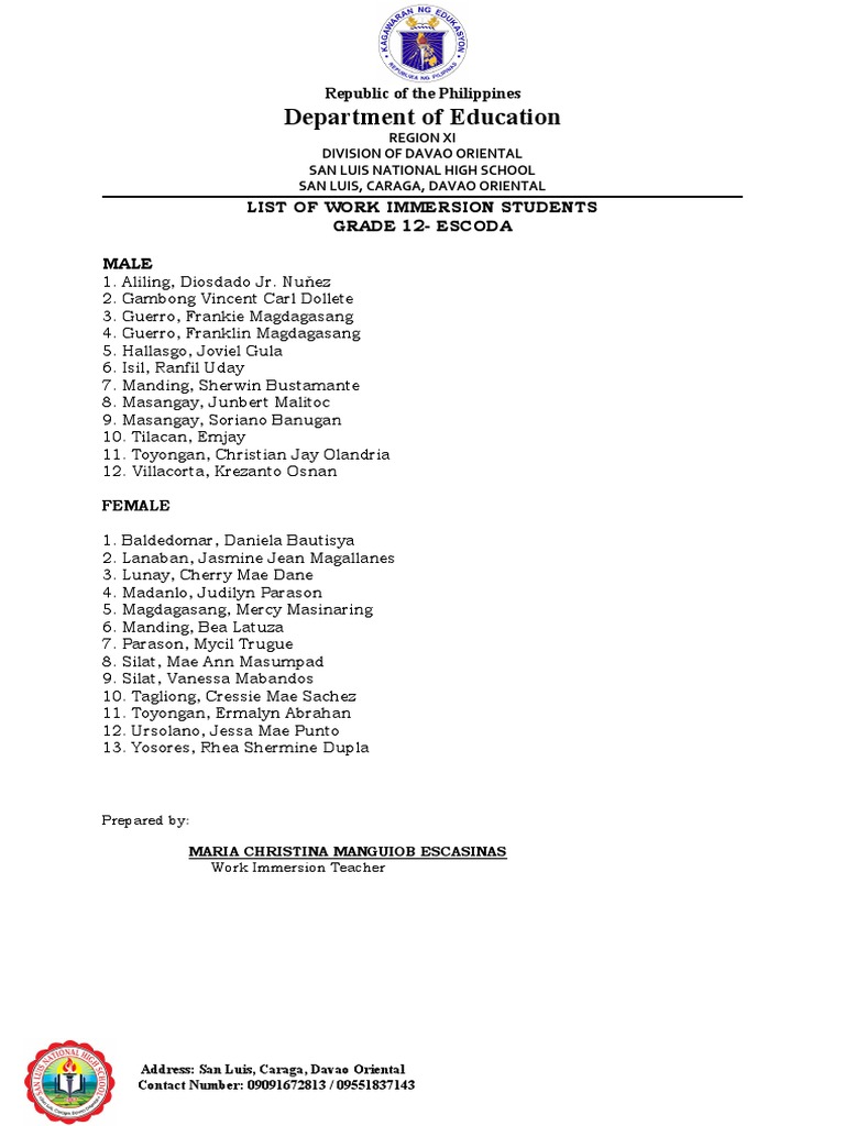 Grade 12 Work Immersion List | PDF