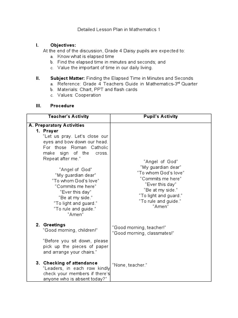 Detailed Lesson Plan in Mathematics 1 | PDF | Prayer