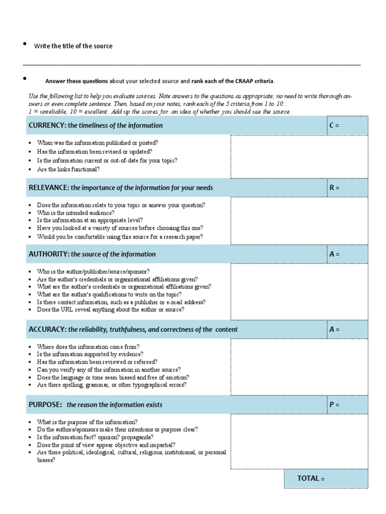 CRAAP Test Evaluation Worksheet | PDF