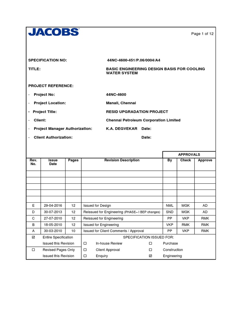 Basic Engineering Design Basis For Cooling Water System Rev-E | PDF | Water | Pump