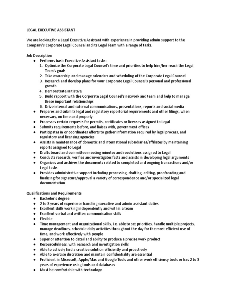 Legal Executive Assistant - JD and Requirements PDF | PDF | Lawyer ...