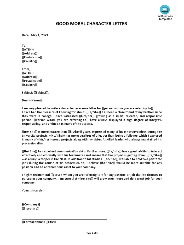 Good Moral Character Letter | PDF