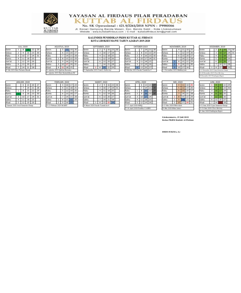 Kalender Pendidikan Kuttab Al Firdaus | PDF