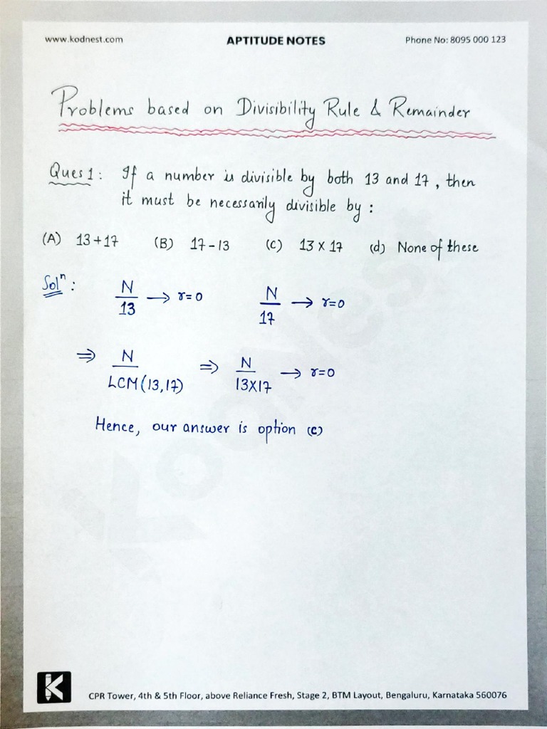1878479-Aptitude - Day 2 - Session 1 - Divisibility Rule Remainder Concept (Problems) PDF | PDF