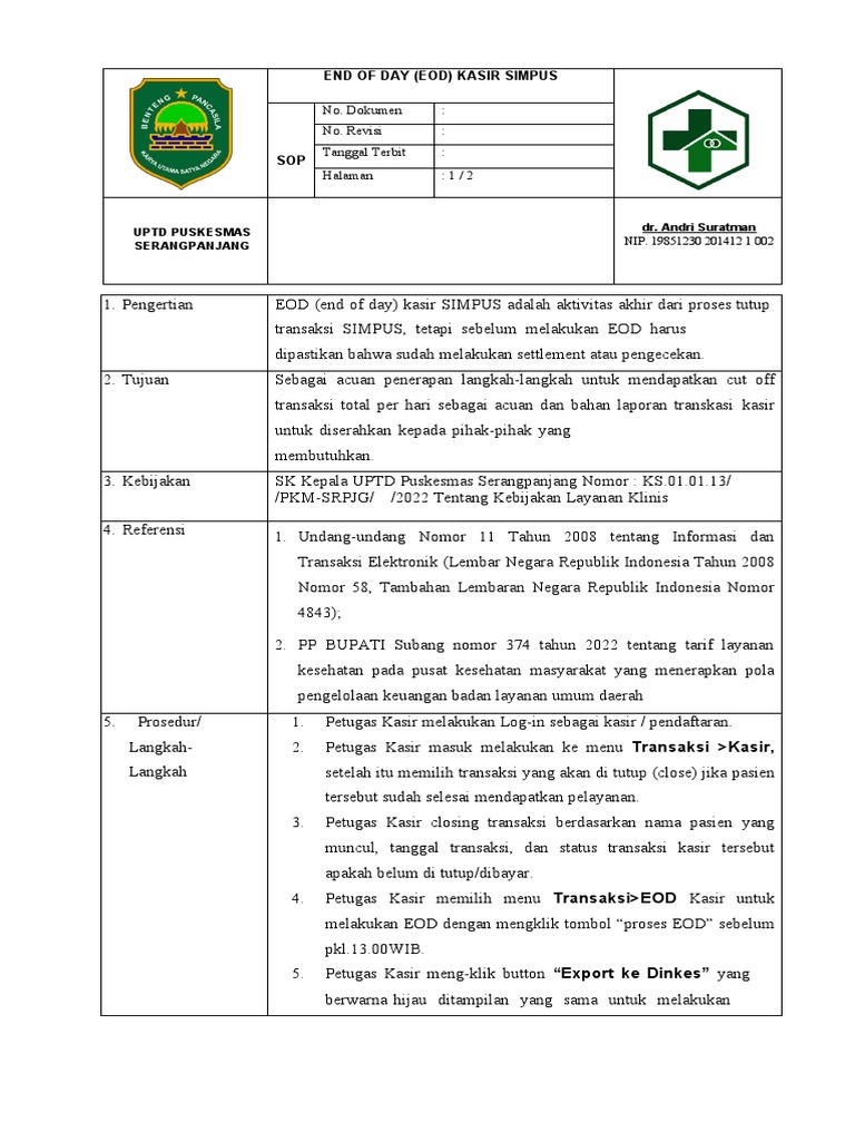 Ep 3.1.1.2 Sop Eod Kasir Simpus | PDF