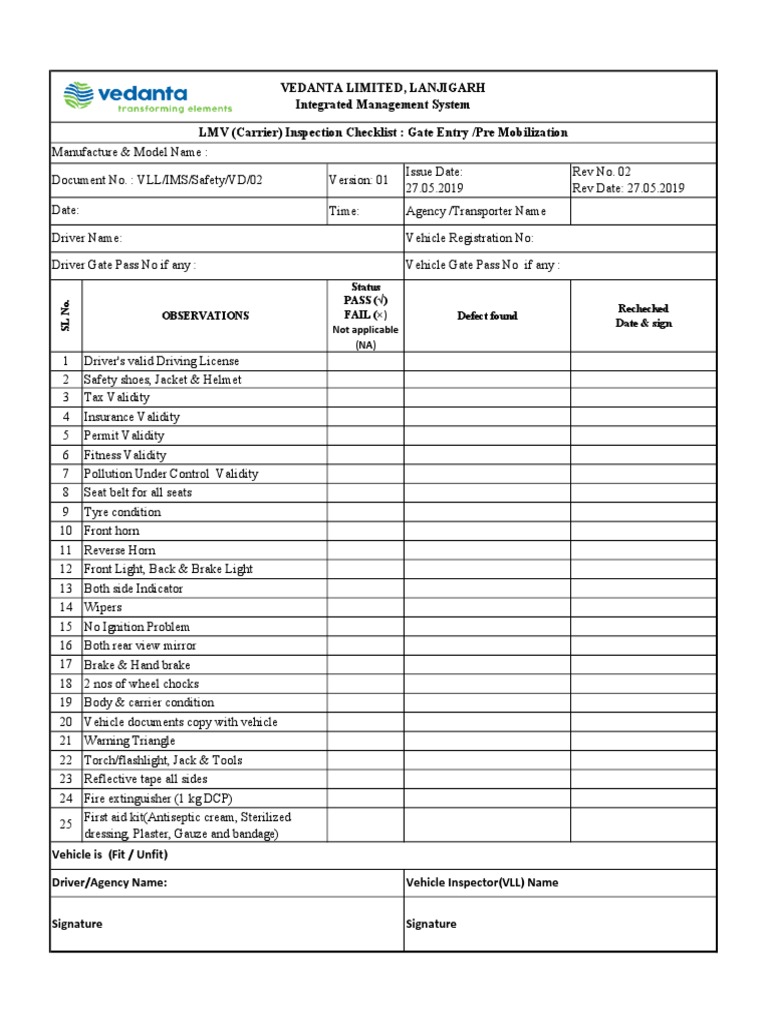 LMV Vehicle Inspection Checklist | PDF