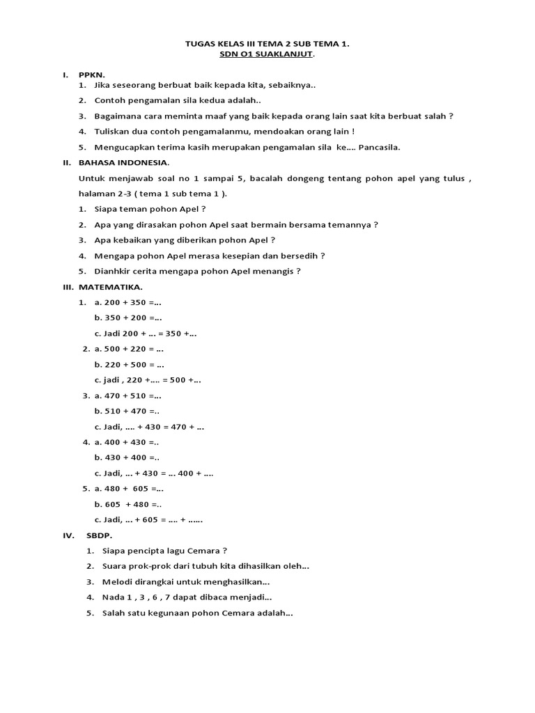Tugas Kelas Iii Tema 2 Sub Tema 1 | PDF