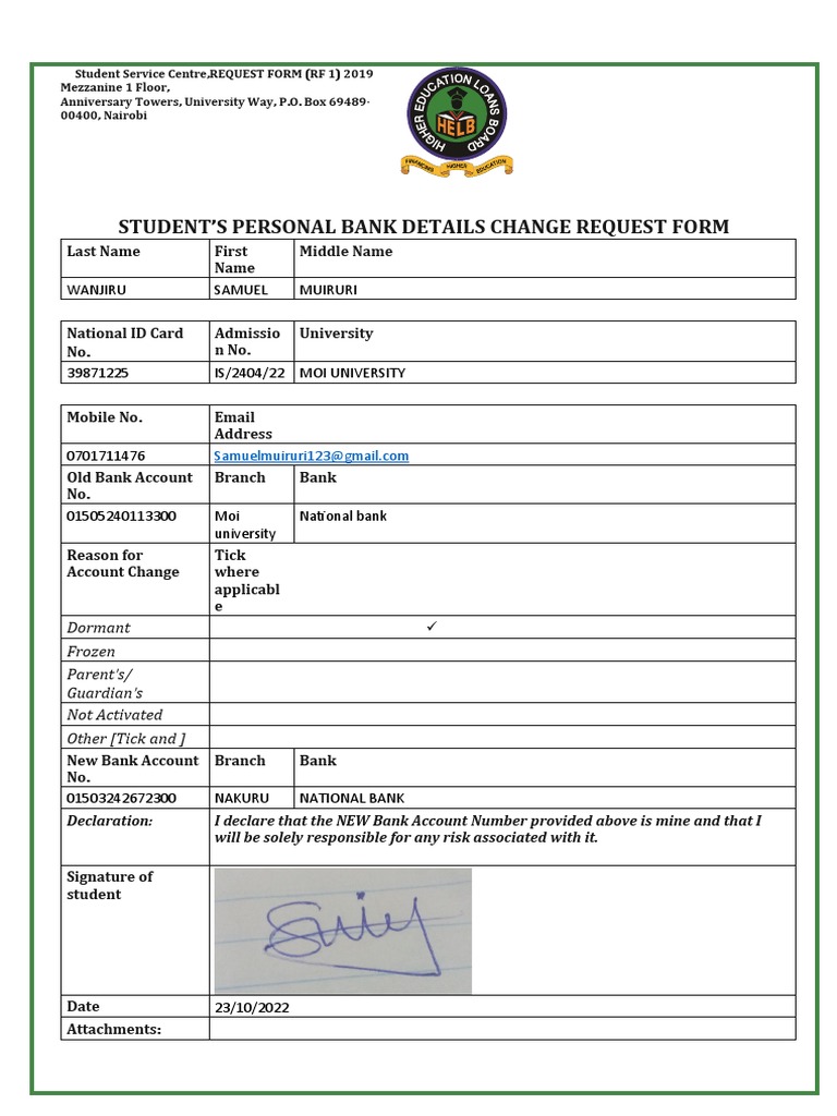 HELB Student Details Change Request Form RF 1 2019 002 | PDF