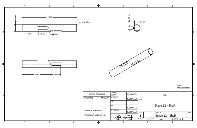 Design drawing for a steel shaft showing dimensions, tolerances, and ...