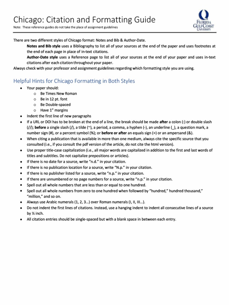 Fgcu Chicago Citation and Formatting Guide | PDF | Citation | Typography