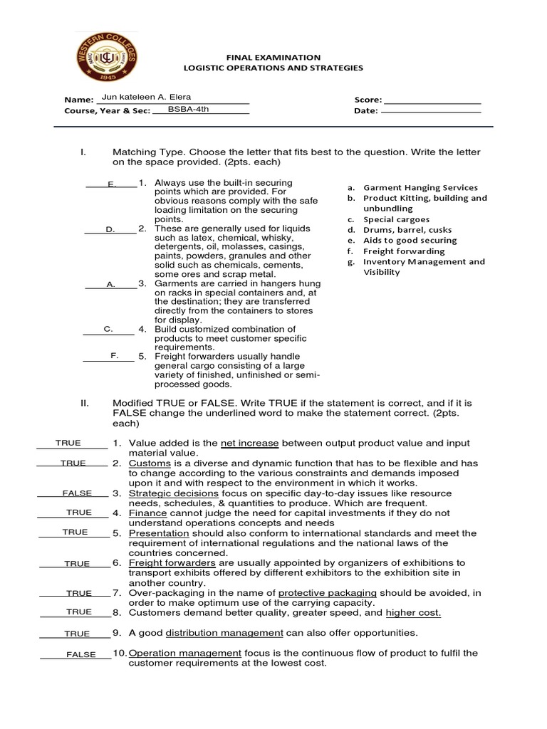 Final Exam Logistics Pdf