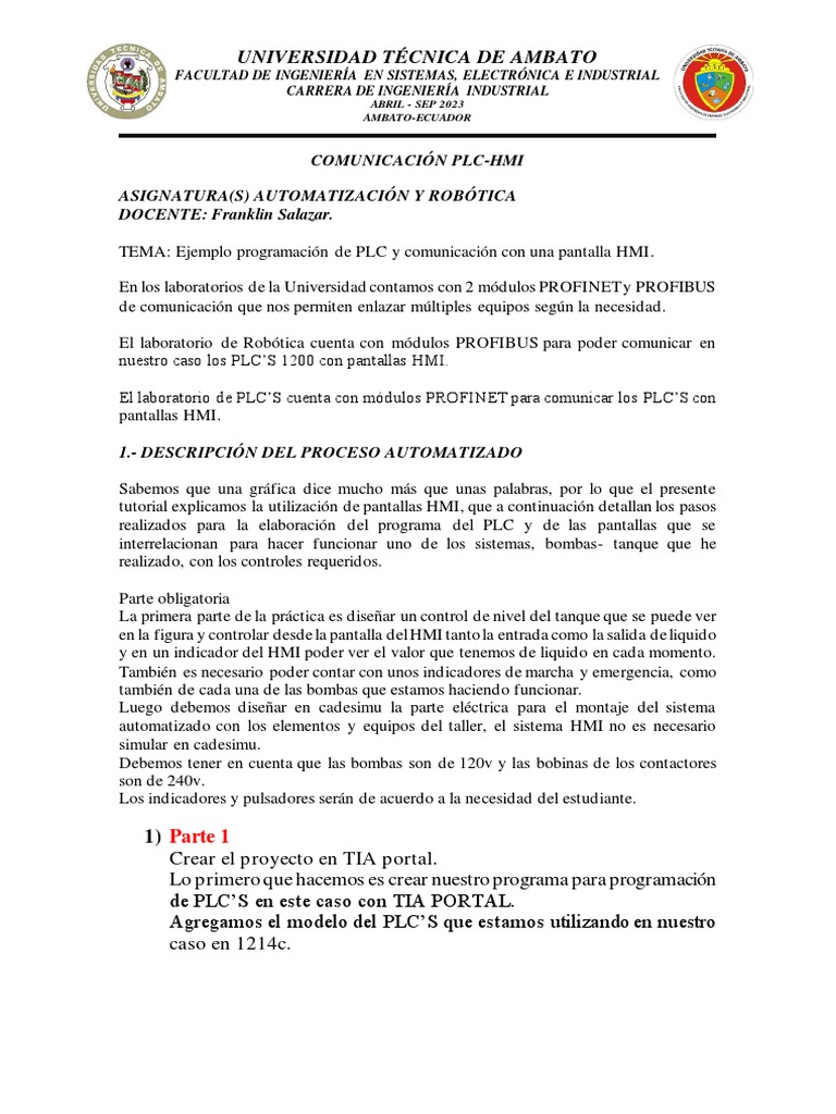 Práctica 2 Comunicación Del PLC'S 1200 y Una Pantalla Hmi | PDF