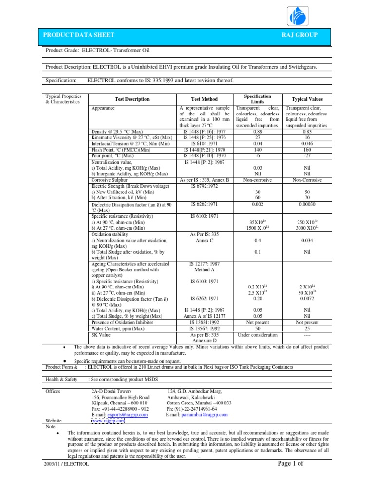 Electrol Transformer Oil Specifications | PDF
