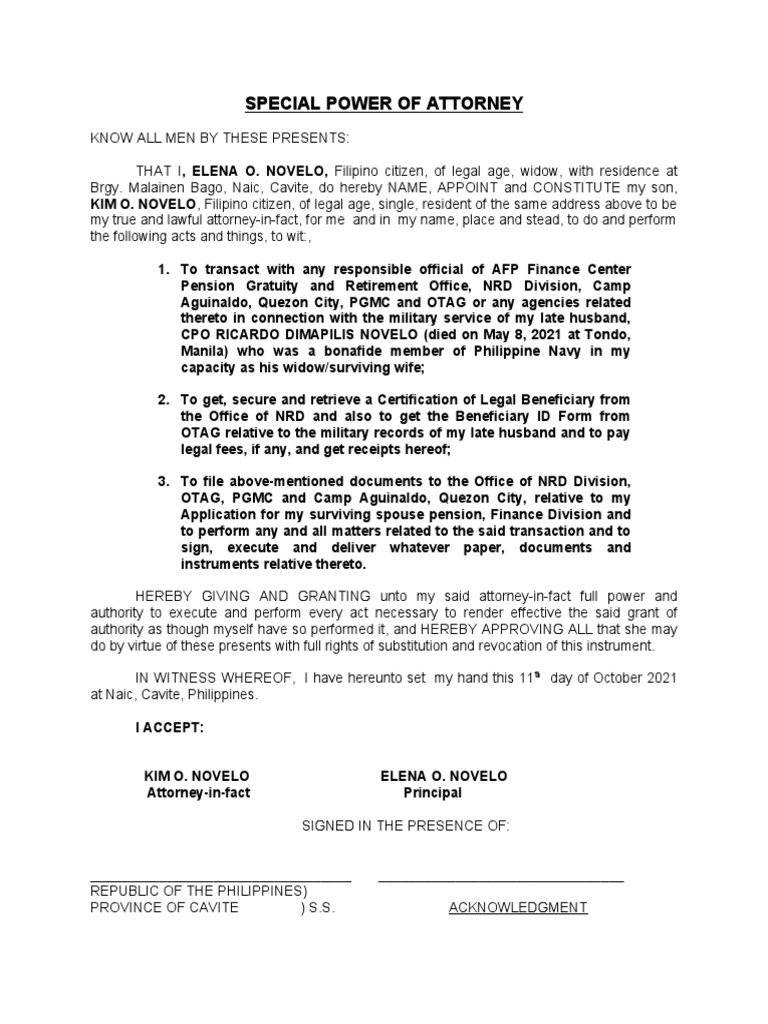 Special Power of Attorney for Widow | PDF