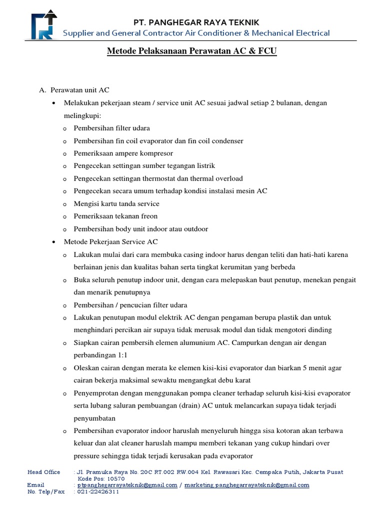 Metode Pelaksanaan Perawatan AC & FCU PDF | PDF