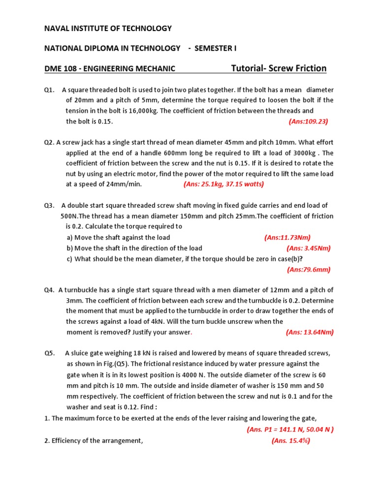 Screw Friction Mechanics Tutorial | PDF