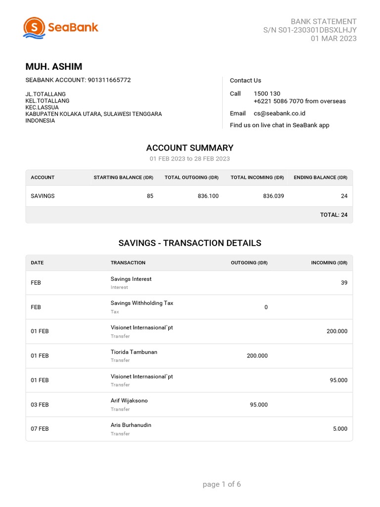Seabank Account Statement Summary | PDF | Economies | Banking