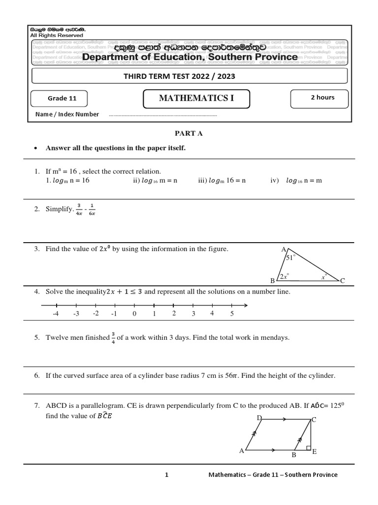 Grade 11 Math Exam Paper | PDF