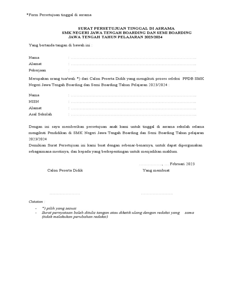 Form Persetujuan Tinggal Di Asrama | PDF