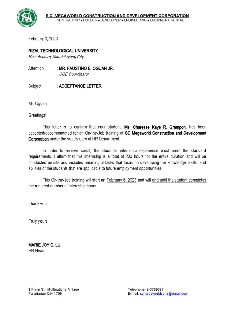 Acceptance Letter For OJT | PDF