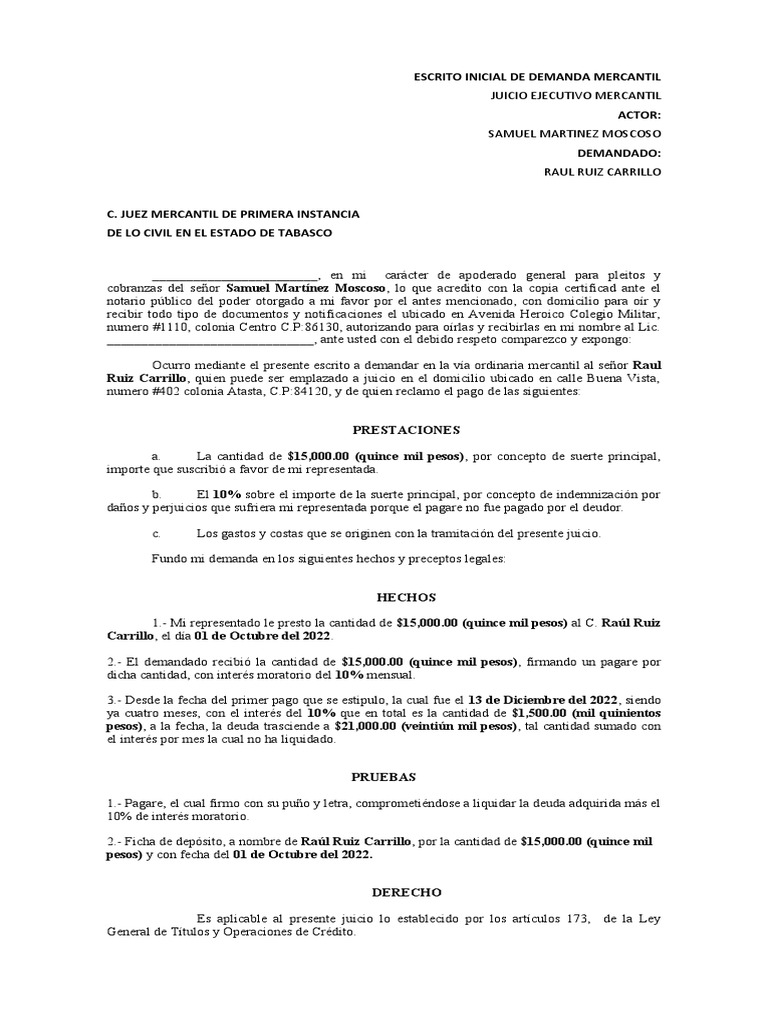 Escrito Inicial De Demanda Mercantil Definitivo Pdf