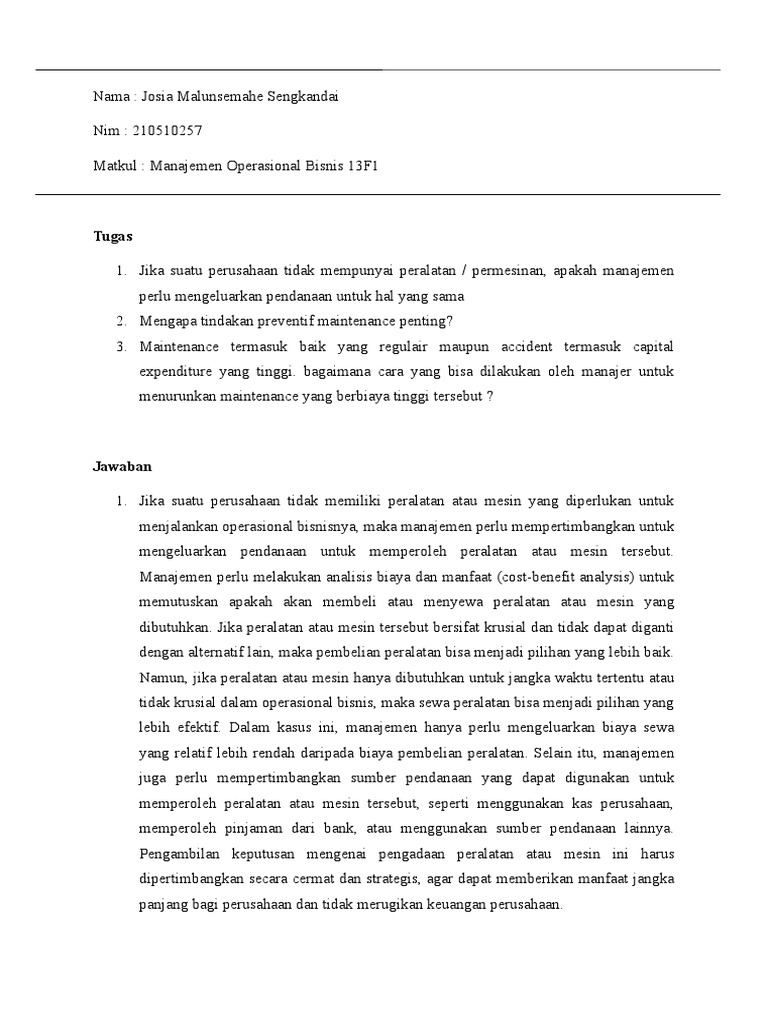 Tugas 8 Manajemen Operasional Bisnis - 13F1 - Josia Malunsemahe Sengkandai - 210510257 | PDF