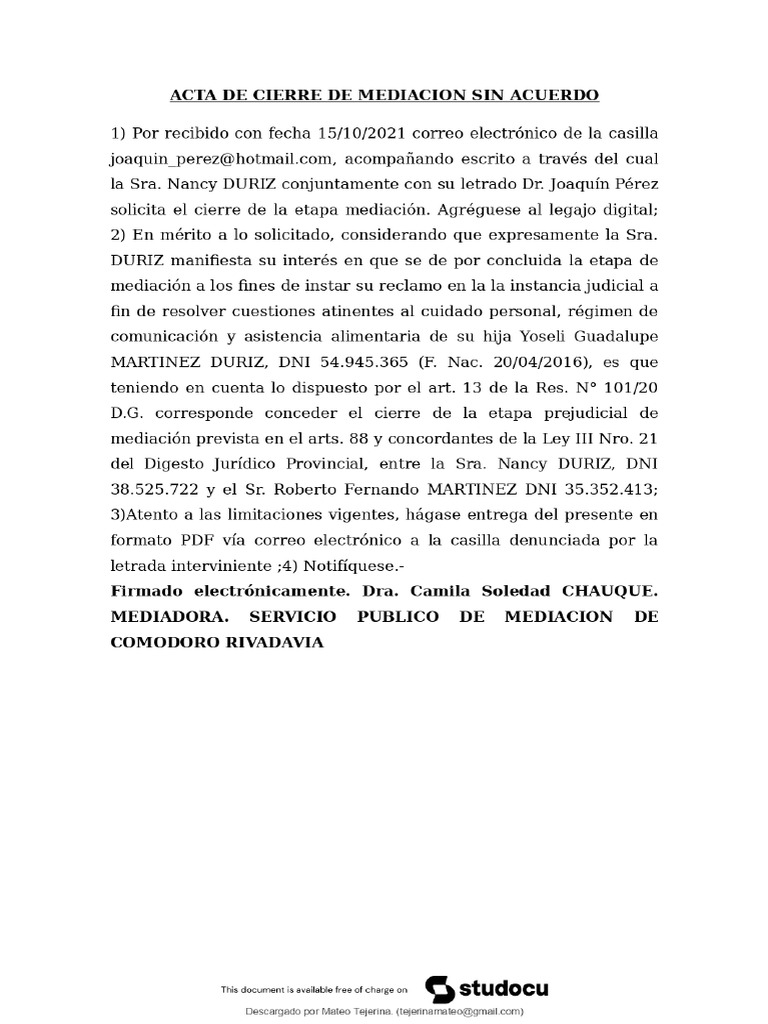 Acta de Cierre de Mediacion Sin Acuerdo 2 PDF | PDF