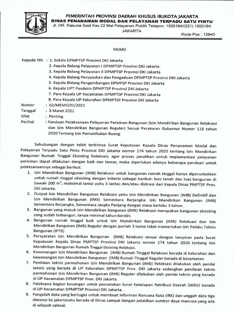 Memo Kepala Dinas Imb PDF | PDF