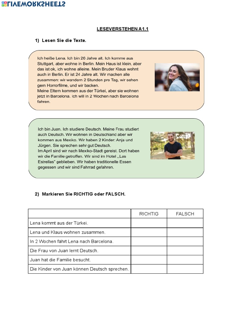 Leseverstehen A1.1 1) Lesen Sie Die Texte | PDF