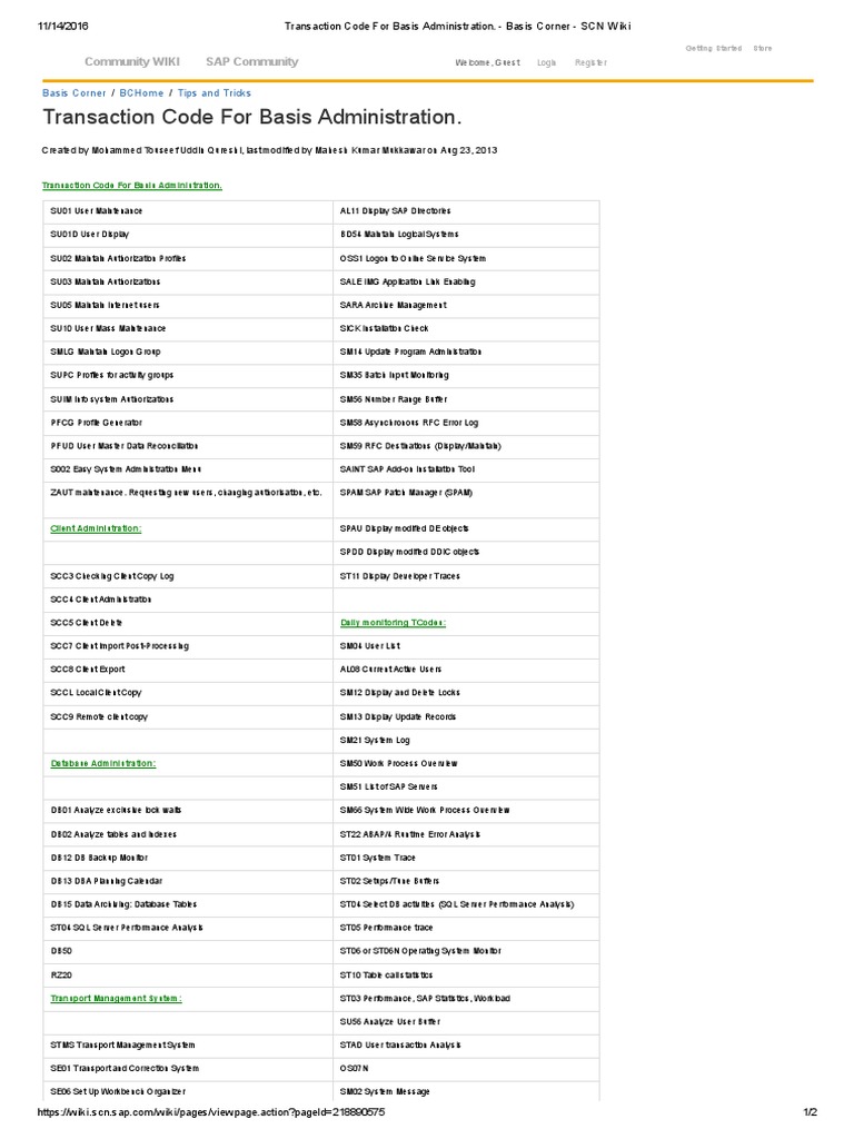 Transaction Code For Basis Administration | PDF