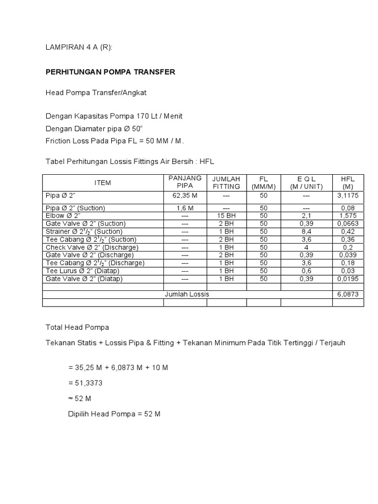 Perhitungan Head Pompa Transfer 52 M | PDF