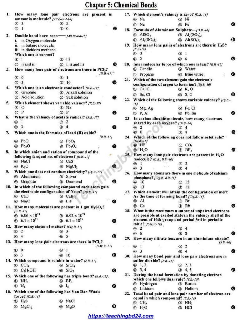 SSC Ev MCQ Question Ans. Chemical Bonds | PDF
