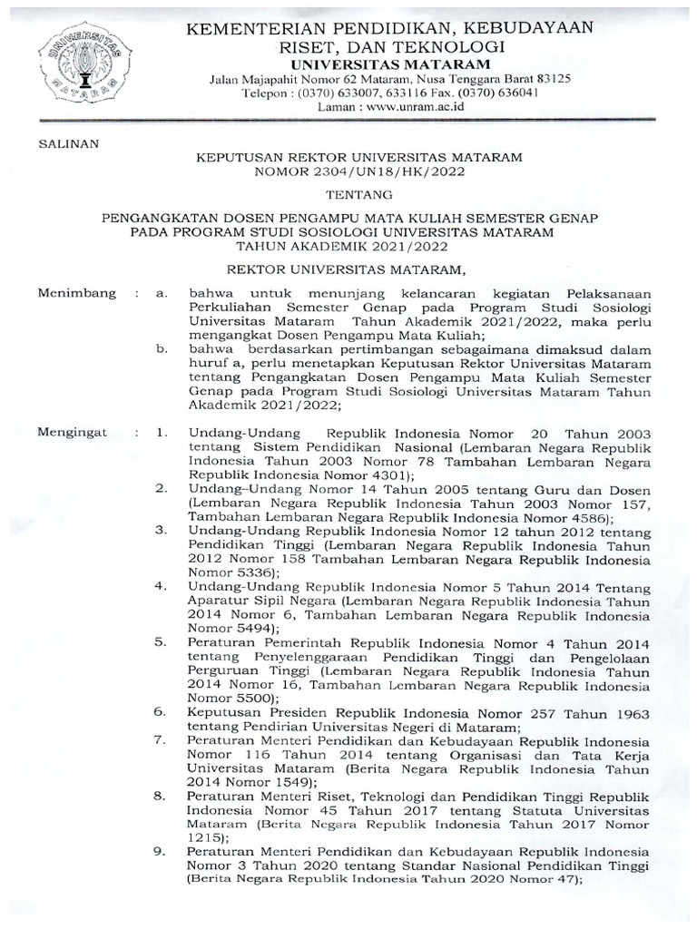 SK Dosen Pengampu Mata Kuliah Genap 2021 2022 | PDF