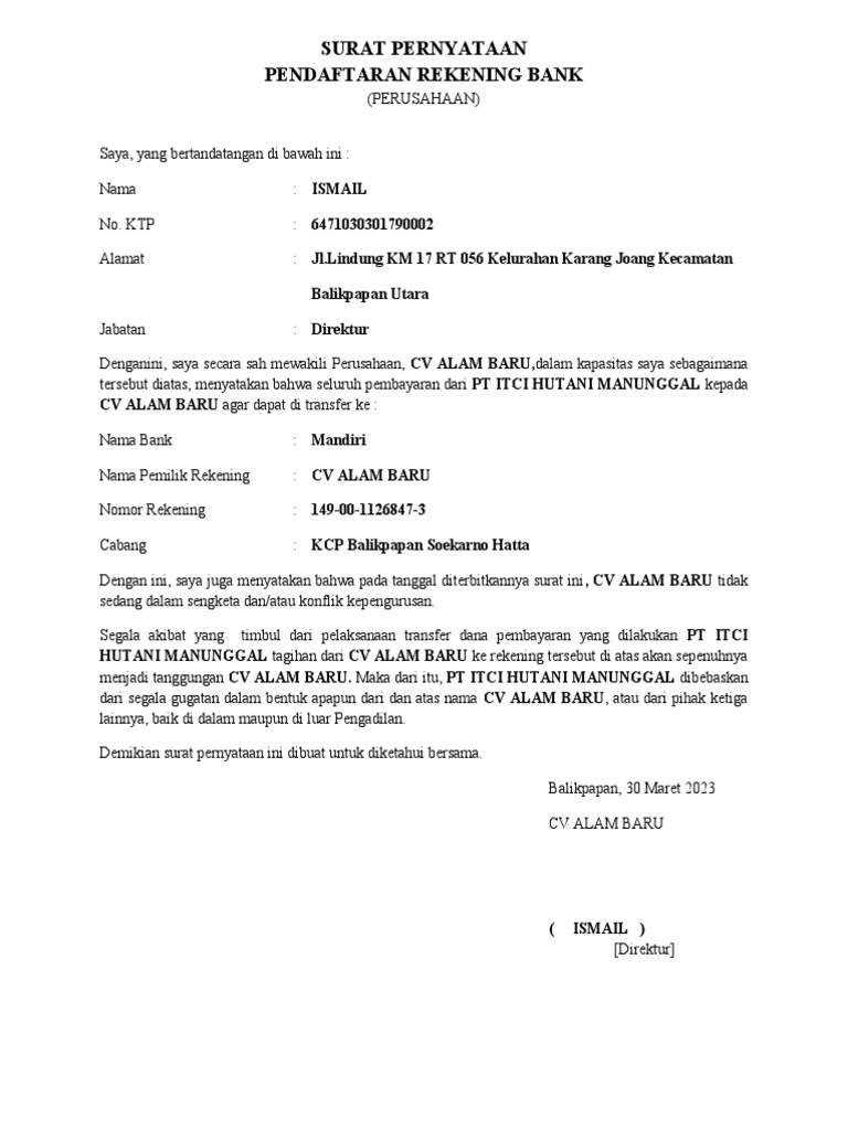 Surat Pernyataan Rekening Bank (Company) IHM | PDF