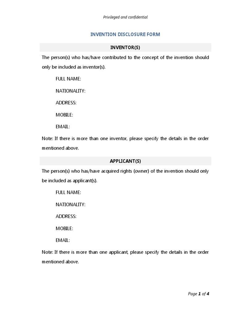 Invention Disclosure Form Template | PDF