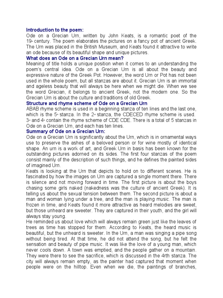 Introduction To The Poem Ode To A Grecian Urn | PDF