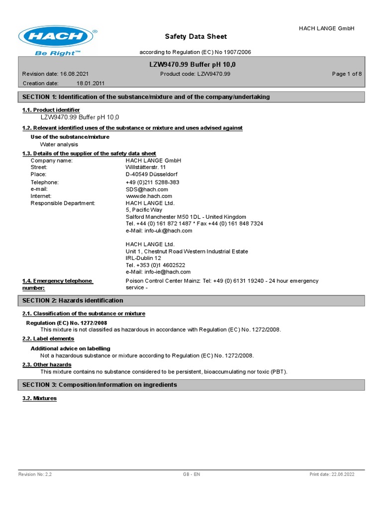 Buffer PH 10 - Hach - SDS PDF | PDF | Toxicity | Dangerous Goods
