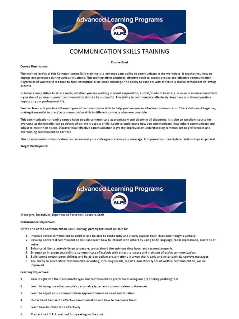 COMMUNICATION SKILLS TRAINING | PDF | Communication | Learning