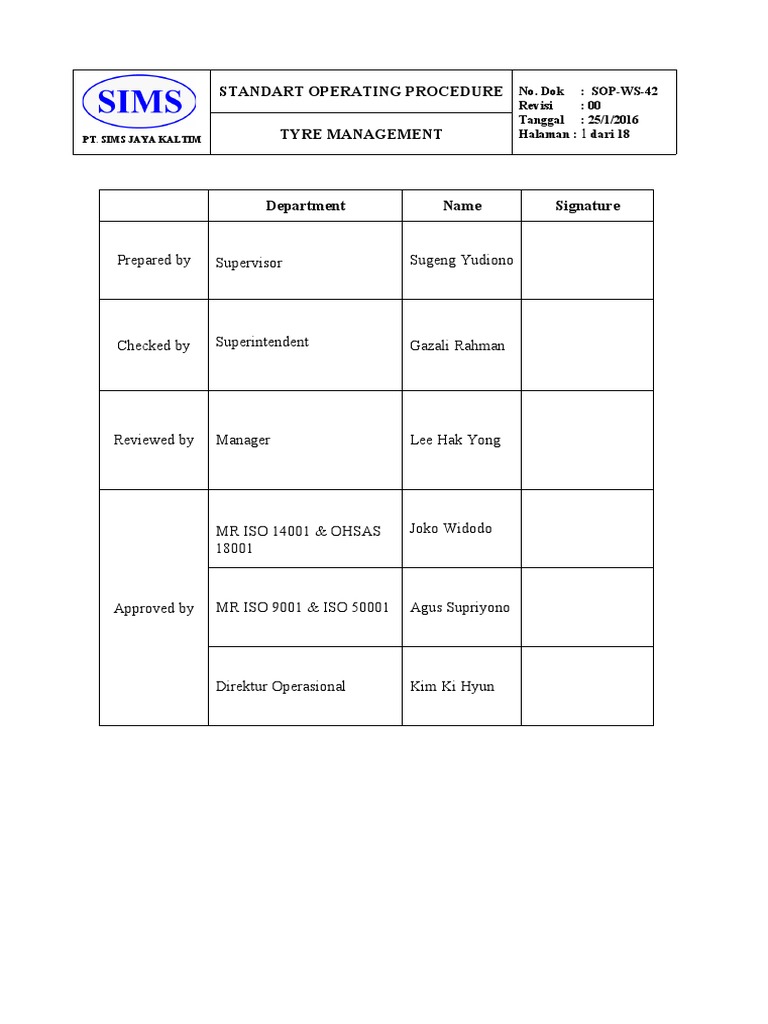 Prosedur Pengelolaan Tyre SOP-WS-42 | PDF